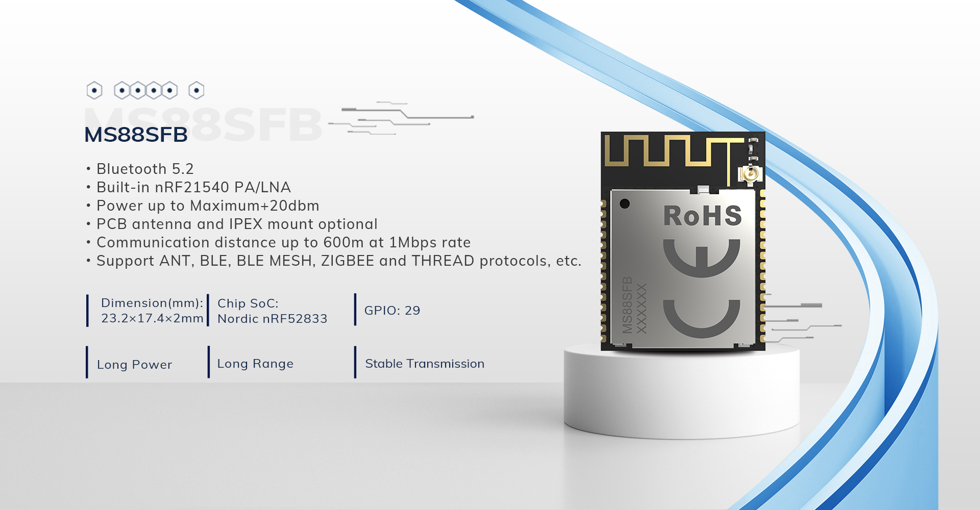 nRF52833-MS88SFB PA Series Long Range Bluetooth Module